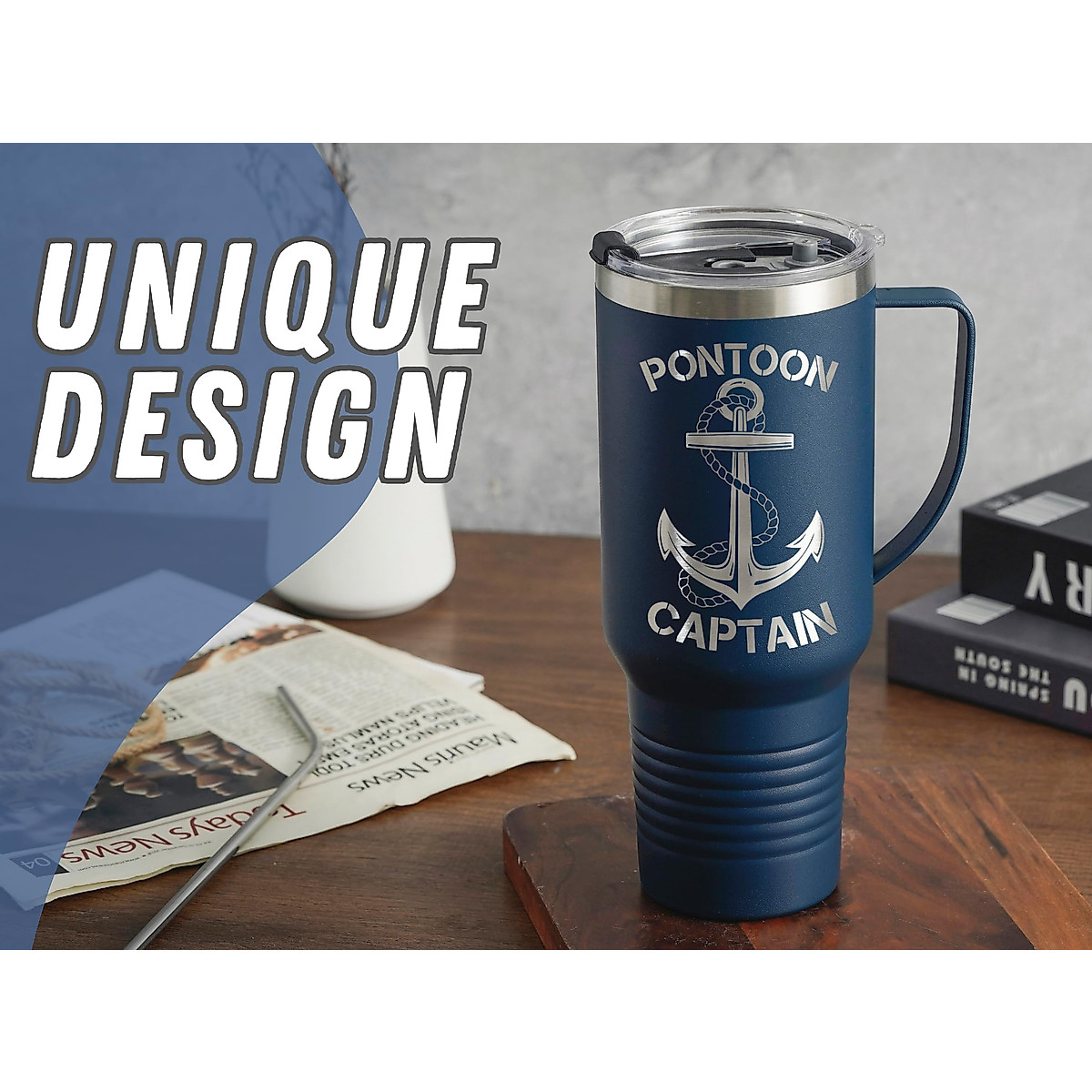 Onebttl Pontoon Boat Captain Tumbler, 40oz Stainless Steel With Spill-Proof Lid and Straw, Laser Engraved Gift, Navy Blue