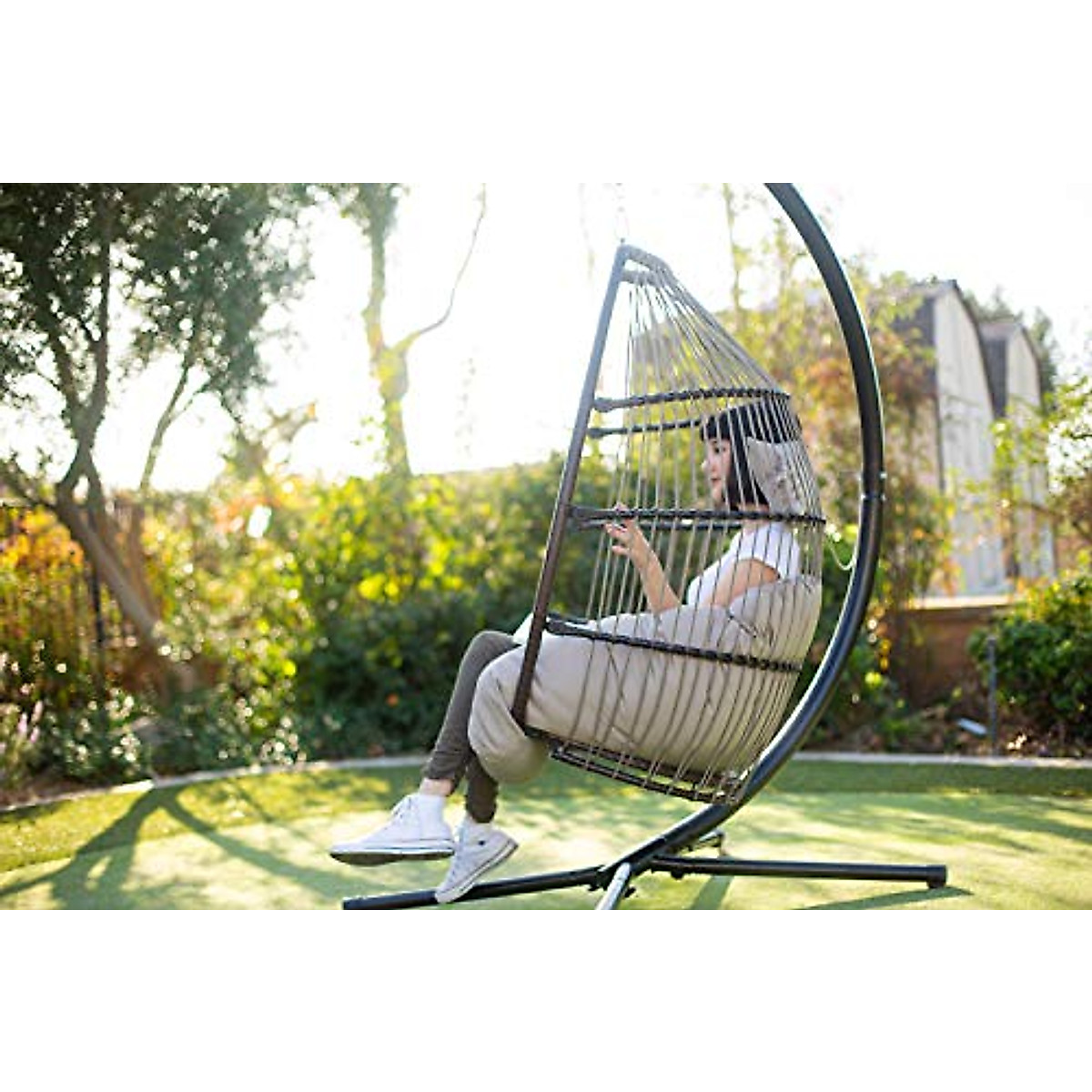 Barton Premium Egg Chair Egg Style Hanging Chair Beige w/Deep Cushion Soft Relaxing Luxury Outdoor Indoor Patio Bedroom Hanging Swinging
