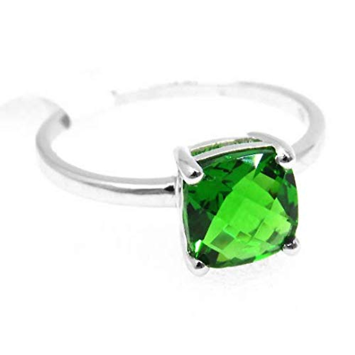 R90808G Classic Style Green Helenite Cushion Cut 8mm (1.6Ct) Sterling Silver Ring (Green, 7)