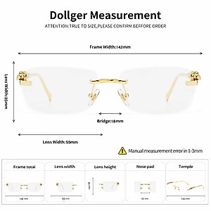 Dollger Rectangle Rimless Sunglasses for Women Men Leopard Arms 70s 80s Sun Glasses