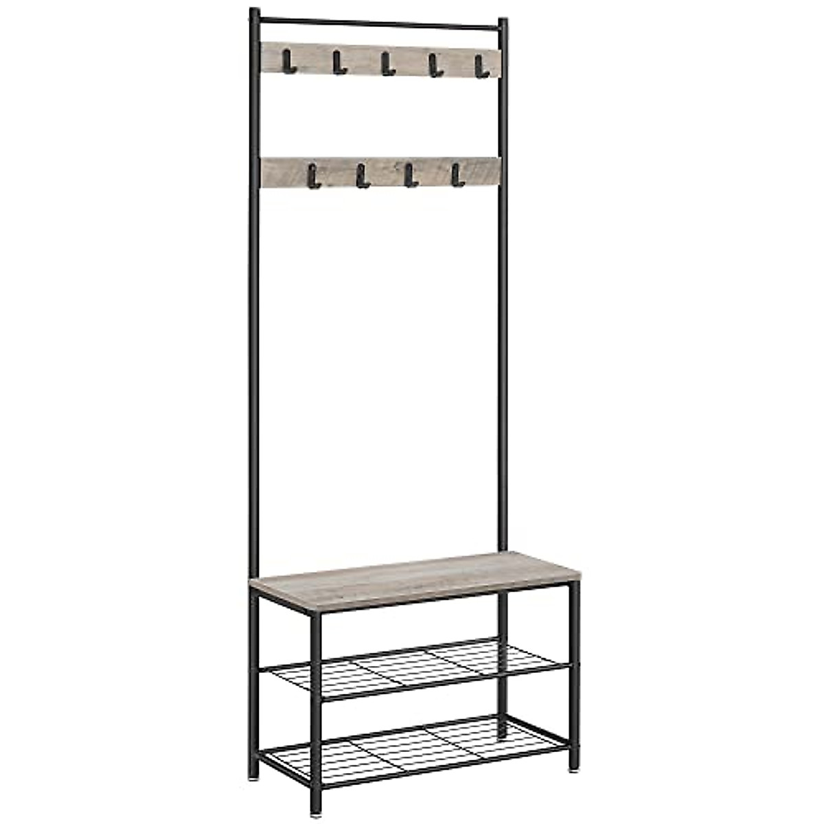 VASAGLE Coat Rack, Hall Tree with Shoe Storage Bench, Entryway Bench with Shoe Storage, 3-in-1, Steel Frame, for Entryway, 12.6 x 27.6 x 69.8 Inches, Industrial, Greige and Black UHSR41MB