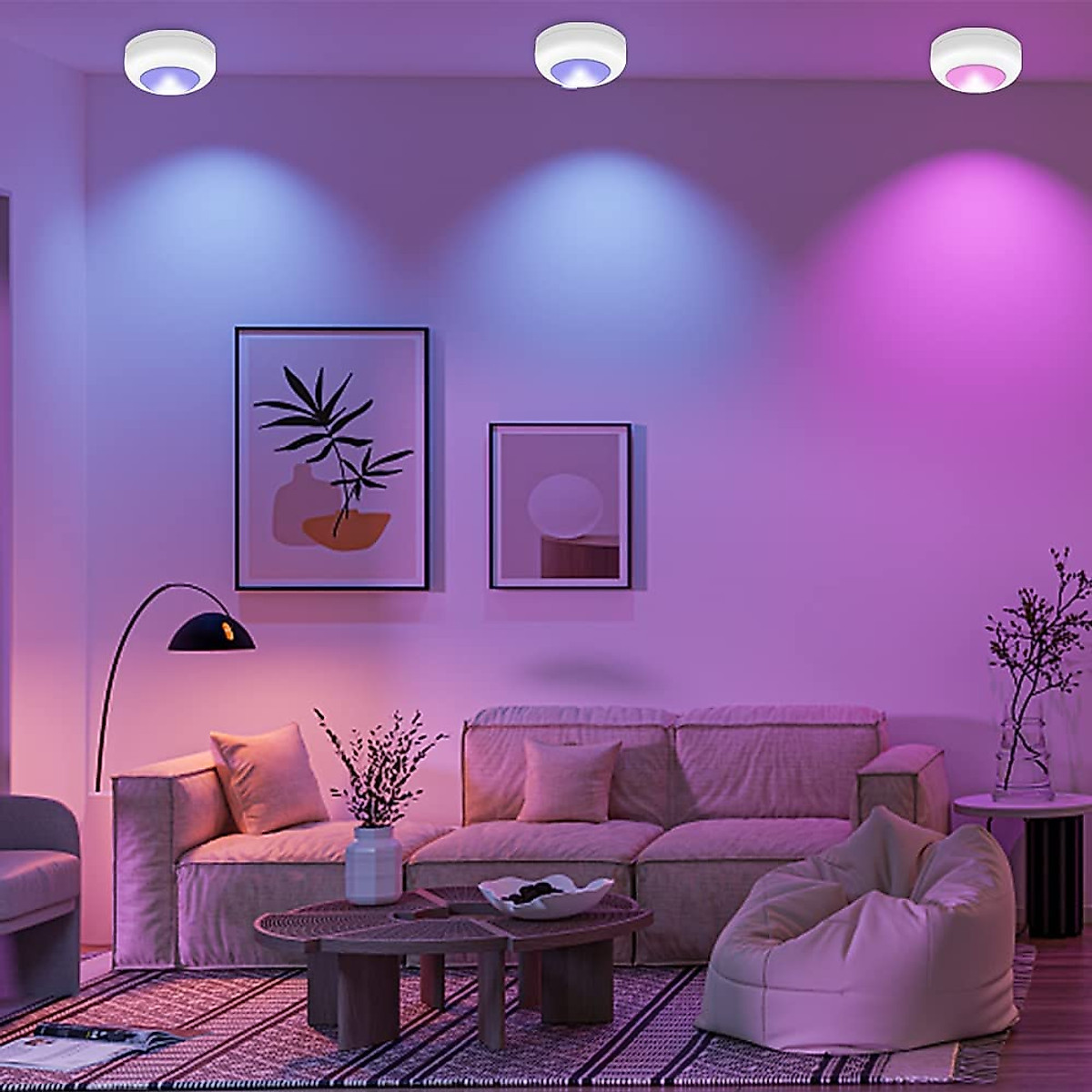 LED Puck Lights, Battery Operated Under Cabinet Light, RGB Color Changing Night Lights with Timer, Dimmable Push Light for Bathroom Kitchen Bedroom, 6 Pack