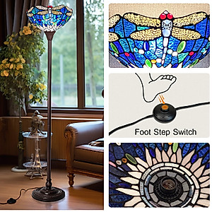 Capulina Sea Blue Tiffany Torchiere Floor Lamp Industrial Dark Bronze Pole Dragonfly Style Stained Glass Standing Light for Living Room Bedroom