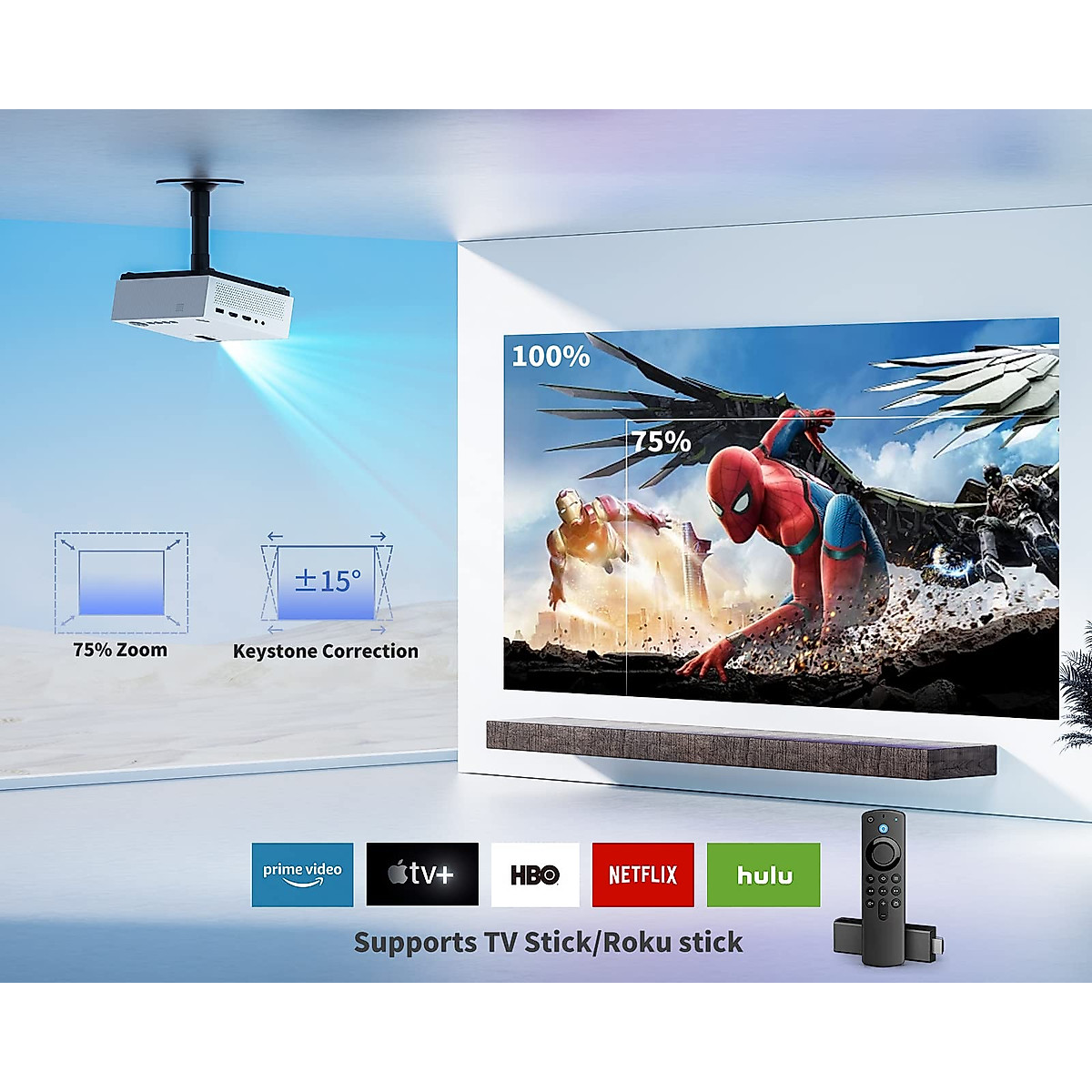 4K Projector with 5G WiFi and Bluetooth, Acrojoy 450 ANSI Native 1080P Mini Projector Support 400"Display, 75% Zoom, Portable Outdoor Movie Projector W/ Tripod and Bag, Compatible W/ TV Stick/USB/PS5