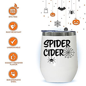Halloween Tumbler Stemless Wine Glass – 12Oz Wine Tumbler with Straw– Cute Spider Insulated Steel Tumblers Halloween Cup – Spill-Proof, Reusable Halloween Mugs (Modern White - Spider Cider)
