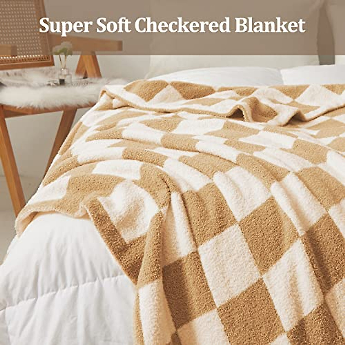 Khaki Checkered Throw Blanket Soft Warm Couch Blanket Reversible Plaid Checkerboard Grid Blanket for Bed Sofa 60"×79"