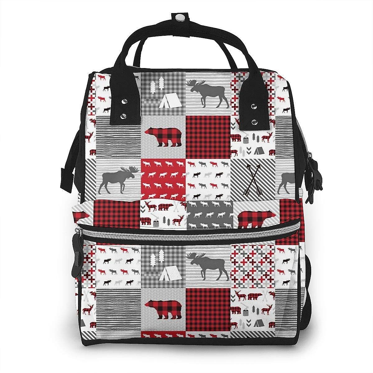 Vintage Happy Camper Red Bear Moose Lumberjack Diaper Bag Backpack Waterproof Multi-Function Baby Changing Bags Maternity Nappy Bags Durable Large Capacity