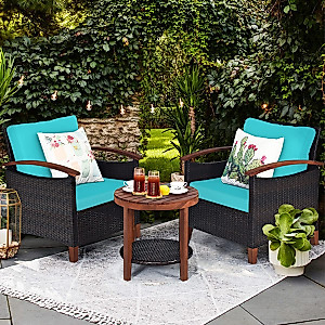 Tangkula 3 Pieces Patio Furniture Set, Outdoor Rattan Sofa and Side Table w/Solid Acacia Wood Frame, High Load Bearing Conversation Bistro Set w/Washable and Removable Cushions (Turquoise)