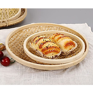 TimesFriend 100% Handwoven Flat Wicker Round Fruit Basket Woven Food Storage Weaved Shallow Tray Organizer Holder Bowl Decorative Rack Display Kids DIY Drawing Board (27cm/10.5")