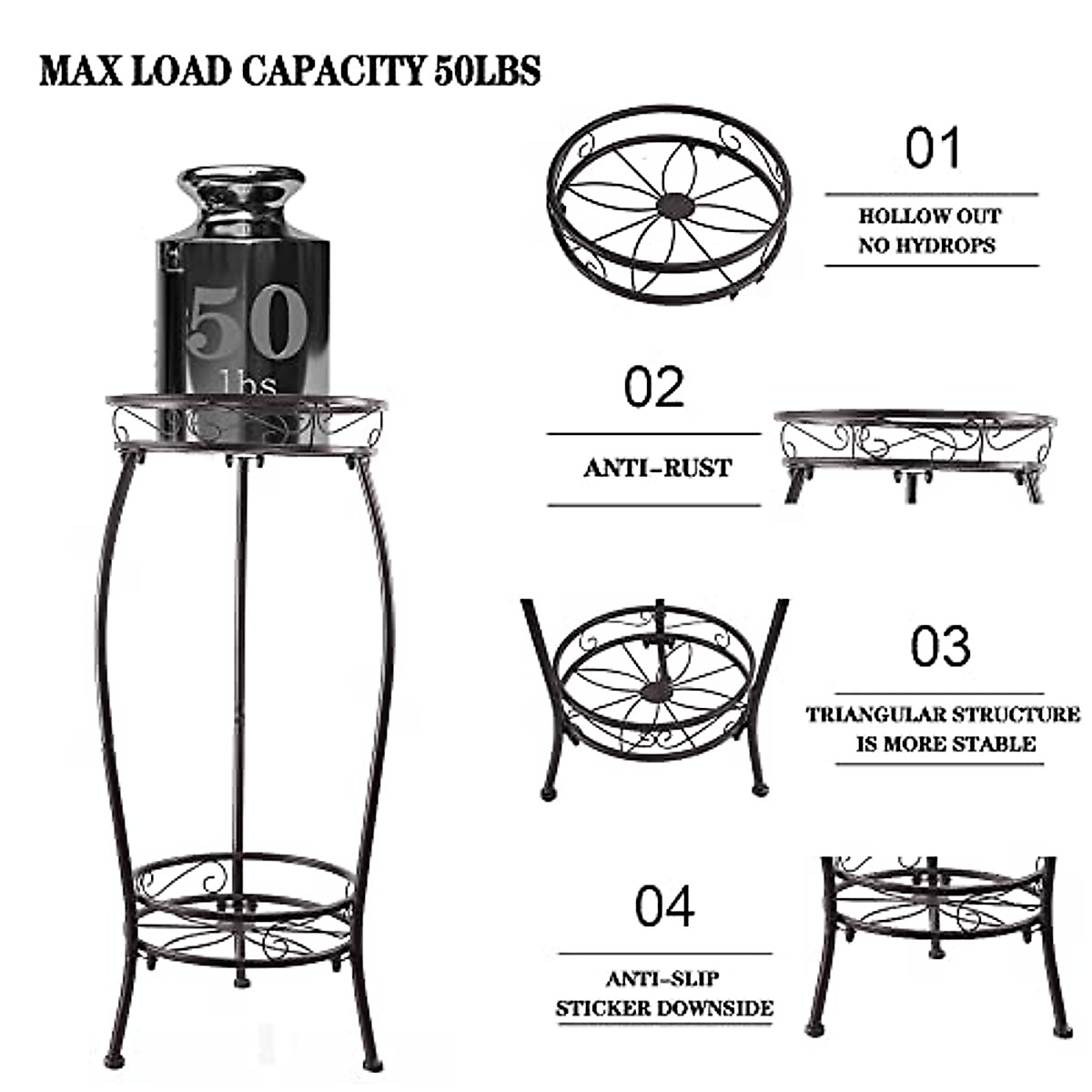 Plant Stand Indoor Outdoor,2 Tier Metal Tall Plant Stands,27.1'' Potted Multiple Holder, Rustproof Decorative Plants Shelf for Corner, Patio, Living Room, Garden (Black)