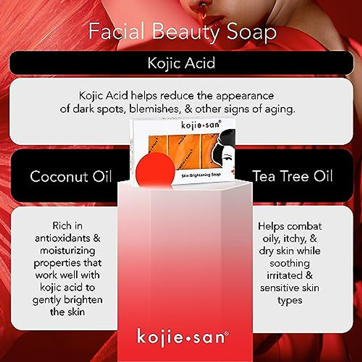 Kojie San Skin and Body Soap – Original Kojic Acid, Dark Spot Remover Soap Bar with Coconut & Tea Tree Oil – 3 x 65g Bars