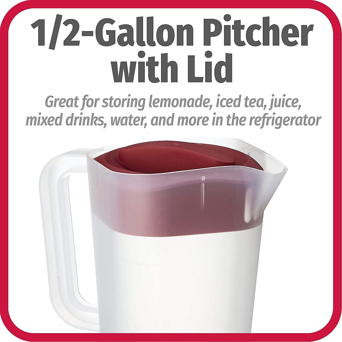 Good Cook 1/2 Gallon Plastic Straining Pitcher Square Lid with 3 Strainers and Close No Spill, Dishwasher Safe, Clear and Red