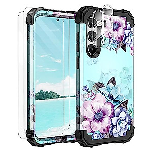Casetego Compatible with Galaxy S23 5G Case,Floral Shockproof Three Layer Heavy Duty Protective[2 Pcs Tempered Screen Protector+2 Pcs Camera Lens Protector] Case for Samsung Galaxy S23,Blue Flower