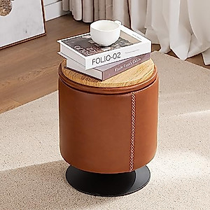 HeuGah Storage Ottoman with Storage for Living Room,Faux Leather Round Ottoman Coffee Table and Ottoman Foot Rest with Metal Rotatable Chassis (Brown)
