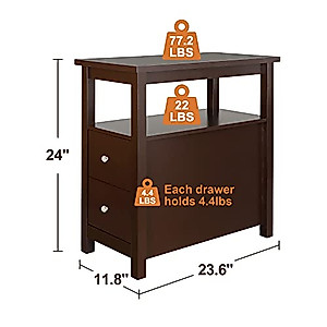 SUPER DEAL Set of 2 End Tables with 2 Drawers and Storage Shelf, 3 Tier Narrow Sofa Couch SideTable for Living Room Bedroom Apartment Small Spaces, Espresso