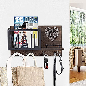 FREEDHIN Mail Organizer Wall Mount with 4 Key Hooks, Key Holder for Wall Wooden Mail Sorter Organizer and Floating Shelf Rustic Home Decor for Entryway or Mudroom (Dark Brown)