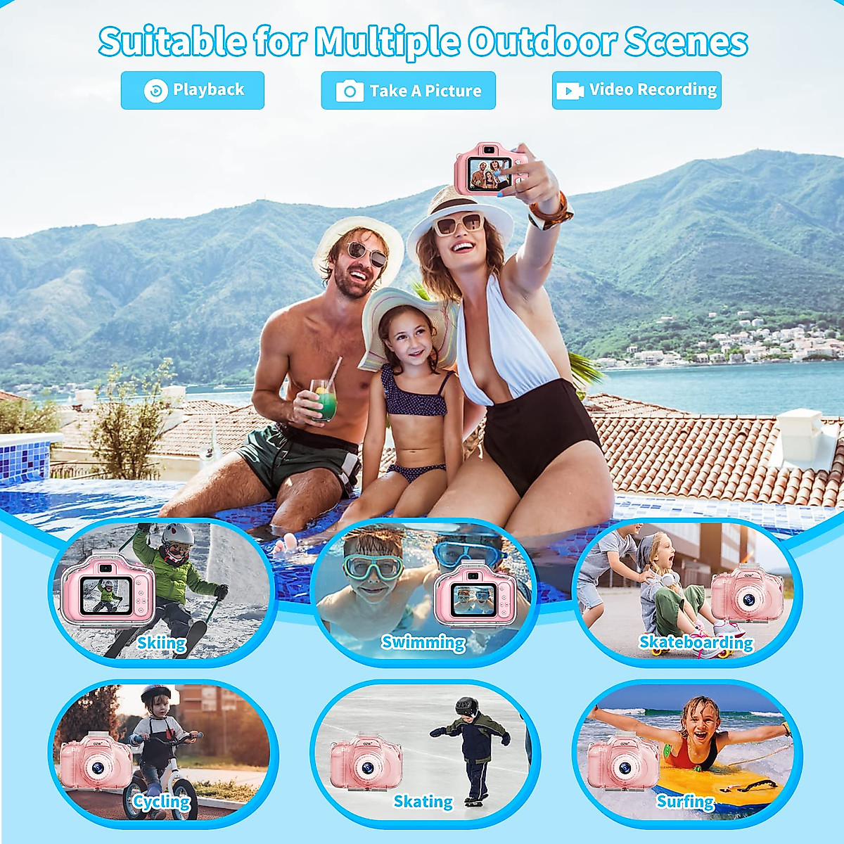 OZMI Kids Waterproof Selfie Camera for Girls, Christmas Birthday Gift for Girls 3 4 5 6 7 8 9 Years Old, Toddler Underwater Sports Camera HD Children Digital Camera 2 Inch Screen with 32GB Card, Pink