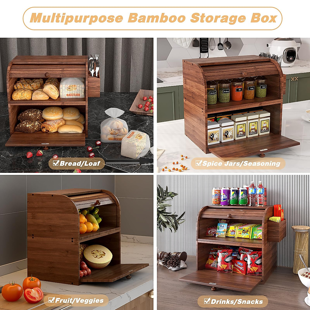 TQVAI Bamboo Bread Box for Kitchen Countertop Dobule Layer Roll Top Bread Bin with Silverware Basket - Can Use as 2 Individual Bread Boxes - Assembly Required, Black