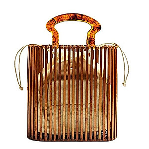 Womens Fashion Bamboo Bag with Acrylic Handle Bucket Bag Summer Beach Clutch Purse Handbags