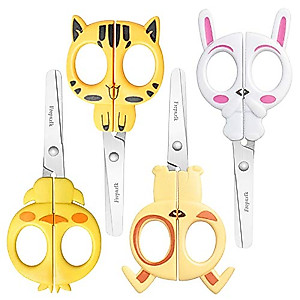 Asdirne Scissors For Kids, Blunt Scissors, Small School Student Craft Scissors, Sharp Stainless Steel Blades Safety, Cute Animal Shapes, 5 inch, 4pack