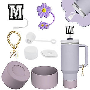 Stanley Cup Accessories Set,Including 2 Pcs 0.4in Straw Cover, 1 Silicone Spill-Proof Stopper Set of 3, 1 Name ID Letter Handle Charm, 1 Silicone Stanley Cup Boot Fits Stanley 40&30 Oz Tumbler (M)