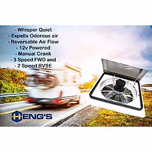 Heng's Industries Zephyr I RV Roof Vent Fan, 3-Speed Forward, 2-Speed Reverse - Manual Crank RV Roof Vent Fan -White, Clear Lid -