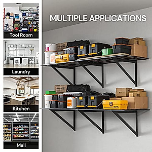 SunsGrove 2-Pack Garage Shelving 2x6ft Heavy Duty Wall Shelf Garage Storage System Shelves, 800 LBS Weight Capacity, Black