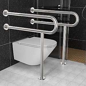 Toilet Support Rail 31.3X 31.5 Inch, Munzong Anti-Slip Satin Brushed Nickel Handicap Grab Bar for Bathroom, Stainless Steel Knurled Safety handrails with Leg for Elderly Disabled Pregnant-1.25’Tube