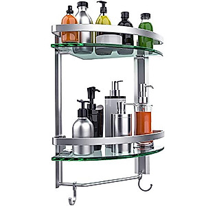 Vdomus 2 Tier Glass Corner Shelf, Bathroom Organizer Shower Caddy, Shower Shelve with Towel bar Wall Mounted, Glass Bathroom Shower Shelf Brushed Silver Finished
