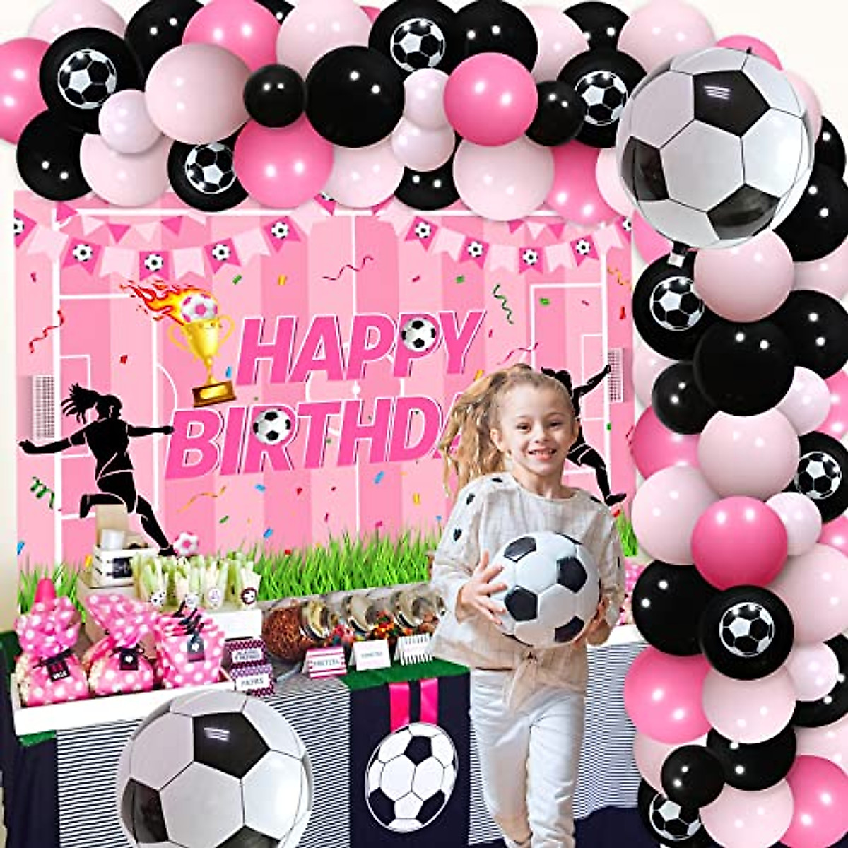 Wonmelody Soccer Birthday Party Decors for Girl Football Birthday Party Decor Sports Birthday Party Supplies Soccer Girl Happy Birthday Backdrop Pink Black Balloon Arch for Football 1st Birthday Party