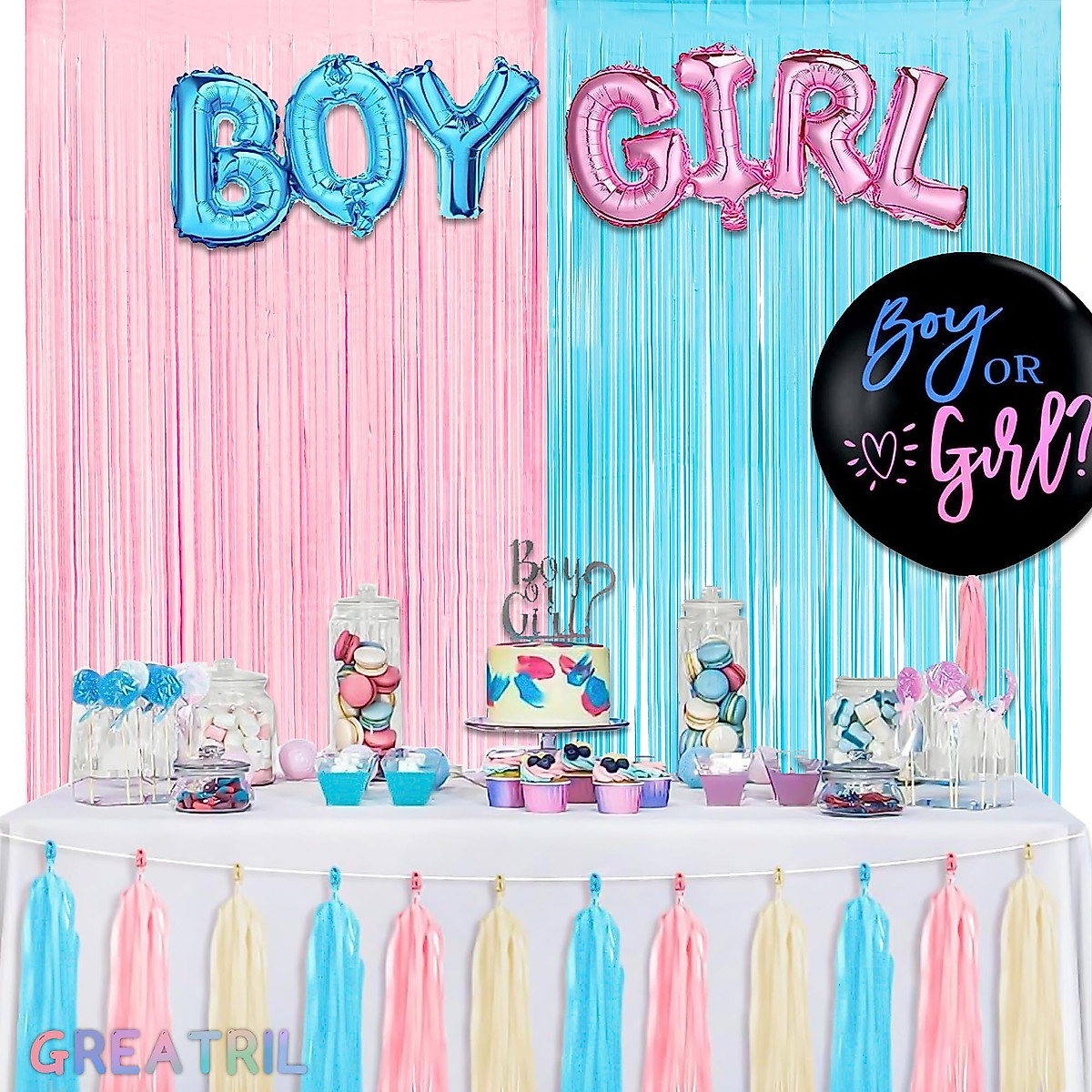 Pink and Blue Party Photo Backdrop - GREATRIL Foil Fringe Tinsel Streamers for Boy or Girl/Pastel/Easter/Birthdays Party Decoration - 3.2ft X 8.2ft - 2 Packs