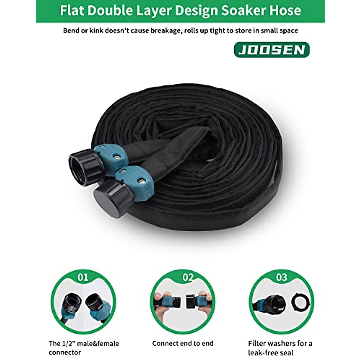 JOOSEN Soaker Hose 25ft 1/2" Flat Double Layer Consistent Drip Hose Saving 80% Water Leakproof Kink Free Vegetable Garden Hose