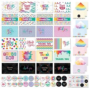 Decorably Assorted Thank You Cards with Envelopes & Stickers - 24 Pack Rainbow Thank You Cards with Envelopes, Blank Inside 4x6in Thank You Cards Rainbow, Thank You Card Assortment