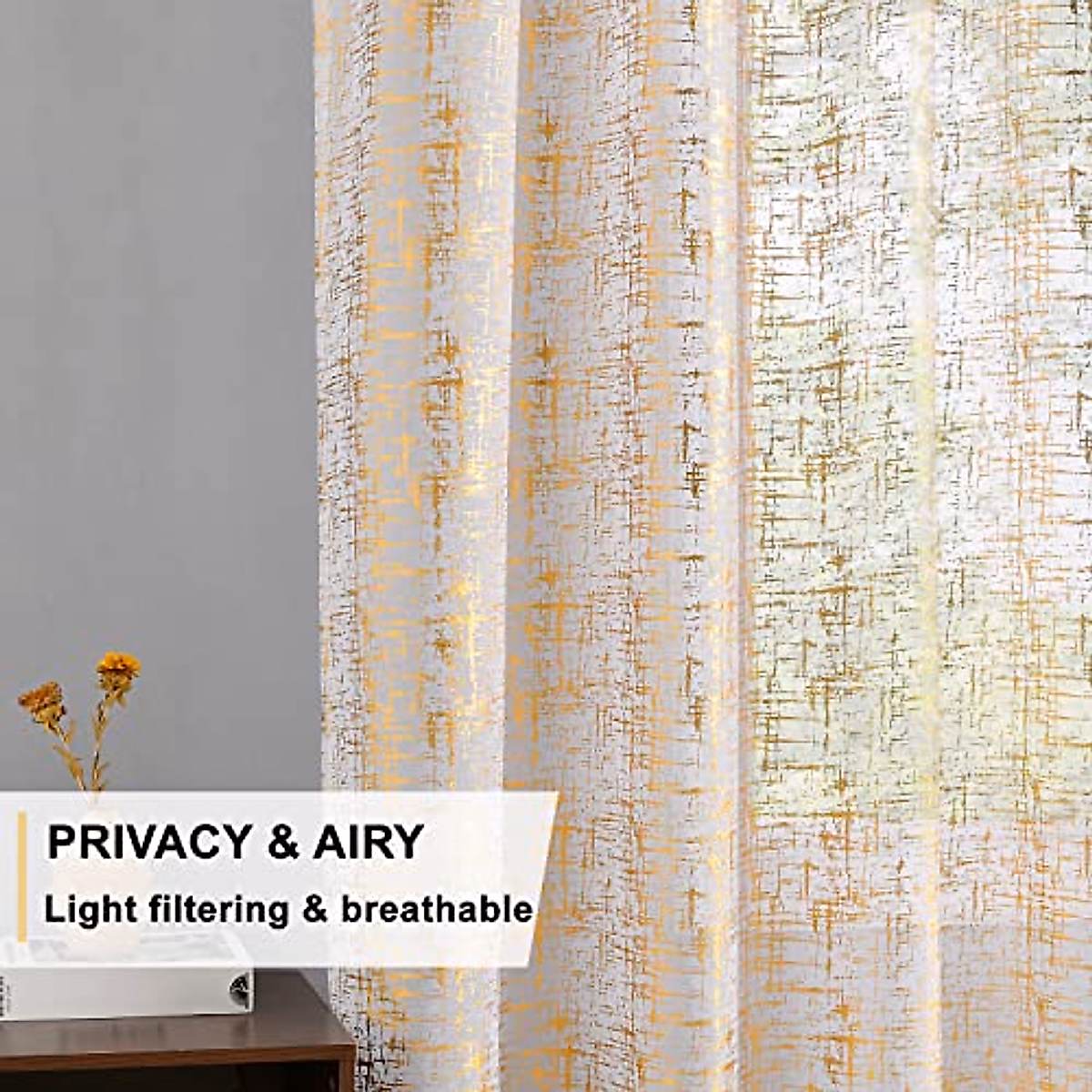 TERLYTEX Gold White Sheer Curtains 63 Inch Length, Metallic Gold Foil Cross Hatch Design Sparkle Sheer Curtains for Bedroom, Rod Pocket Privacy Glitter Sheer Curtains 2 Panels, 52 x 63 Inch, Gold