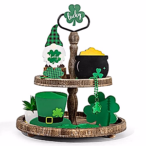 Whaline St. Patrick's Day Tiered Tray Decor Set Including Shamrock Gold Coin Pot Lucky Clover Gnome Green Hat Farmhouse Wood Sign Irish Spring Table Centerpiece for Holiday Party Home Decor, 4Pcs