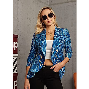 SheIn Women's Open Front 3/4 Sleeve Blazer Allover Print Shawl Collar Cardigan Jacket Black Small