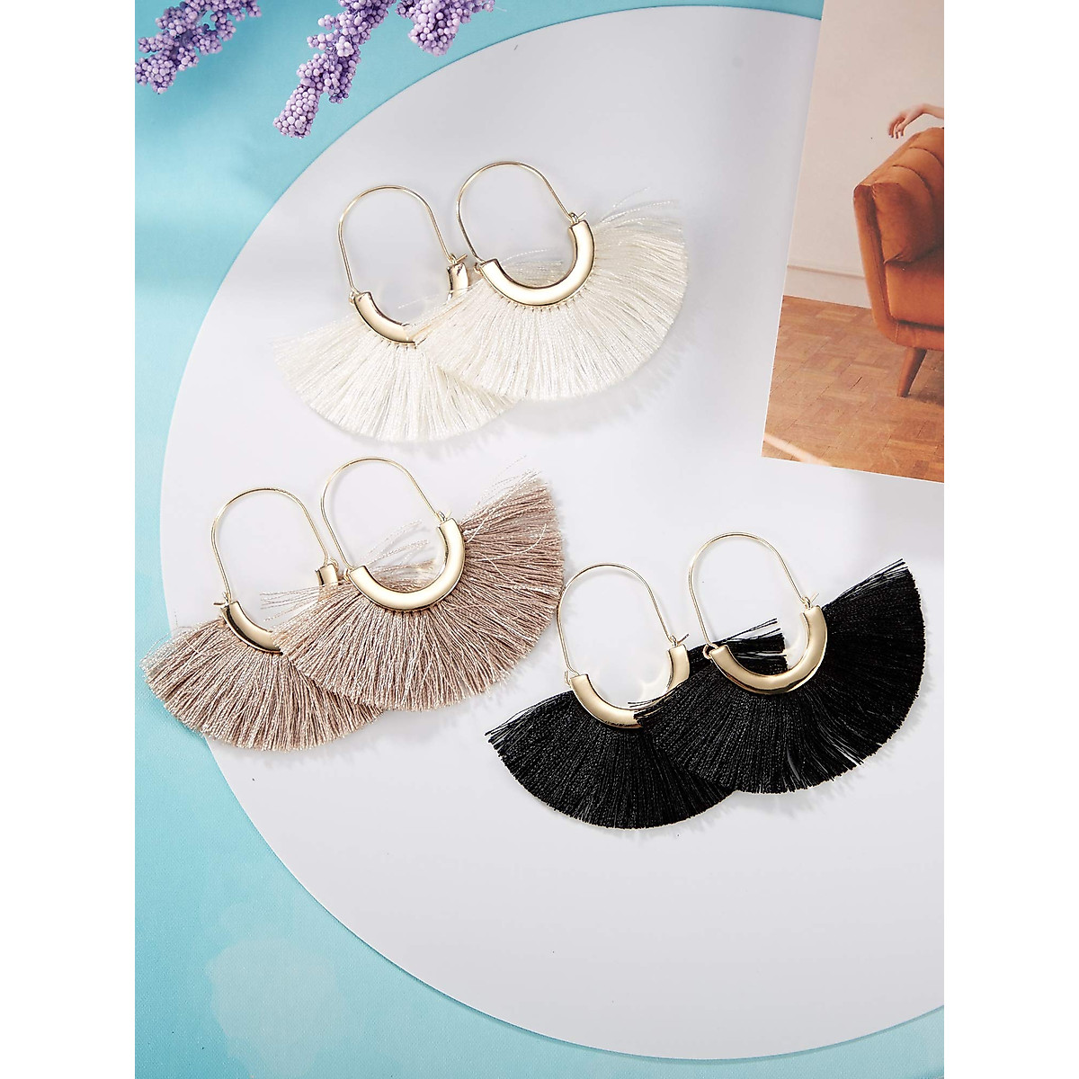3 Pairs Fan Tassel Earrings for Women Fringe Earrings Semi Circle Fan Silky Threader Dangles Hoops