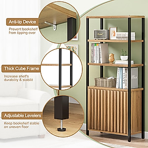 UEV Bookshelf 5 Tier Wood Boho Bookshelf with Storage Door,Fluted 71 in Tall Bookshelf with Metal Stand,Mid Century Modern Large Accent Bookcase for Living Room,Bed Room (Wood, 2 Piece)