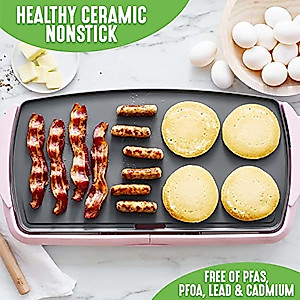 GreenLife Healthy Ceramic Nonstick, Extra Large 20" Electric Griddle for Pancakes Eggs Burgers and More, Stay Cool Handles, Removable Drip Tray, Adjustable Temperature Control, PFAS-Free, Soft Pink