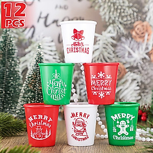 12 Pieces Christmas Shot Glass on Beaded Necklace Xmas Plastic Shot Glasses Shot Glass Necklaces Snowman Snowflake Santa Gingerbread Man Shot Necklace Cups for Christmas Party Supplies, 6 Styles