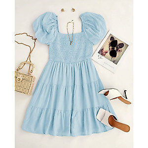 ZESICA Women's Boho 2025 Summer Square Neck Puff Sleeve Off Shoulder Smocked Tiered Casual A Line Short Mini Dress,LightBlue,XX-Large