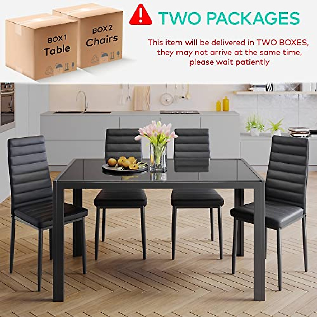 Gizoon 5 Piece Glass Dining Table Set, Kitchen and Chairs for 4, PU Leather Modern Room Sets Home (Black)