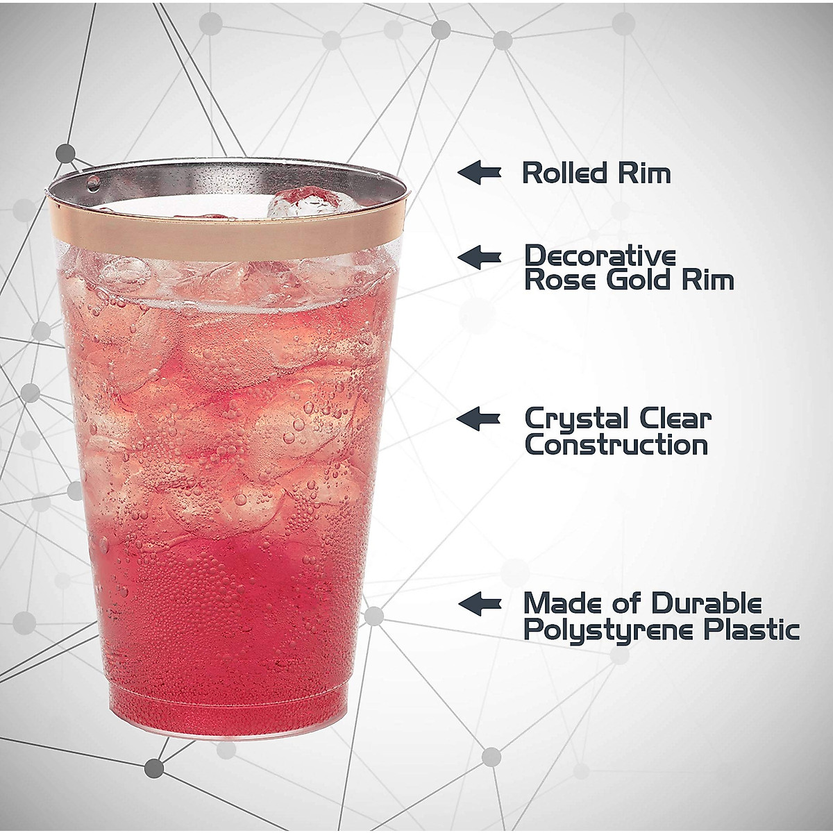 Prestee Rose Gold Rim Plastic Cups, 14 oz. 50 Pack, Hard Clear Plastic Cups, Disposable Party Cups, Fancy Wedding Tumblers, Elegant Decoration Cups, Plastic Tumblers Bulk