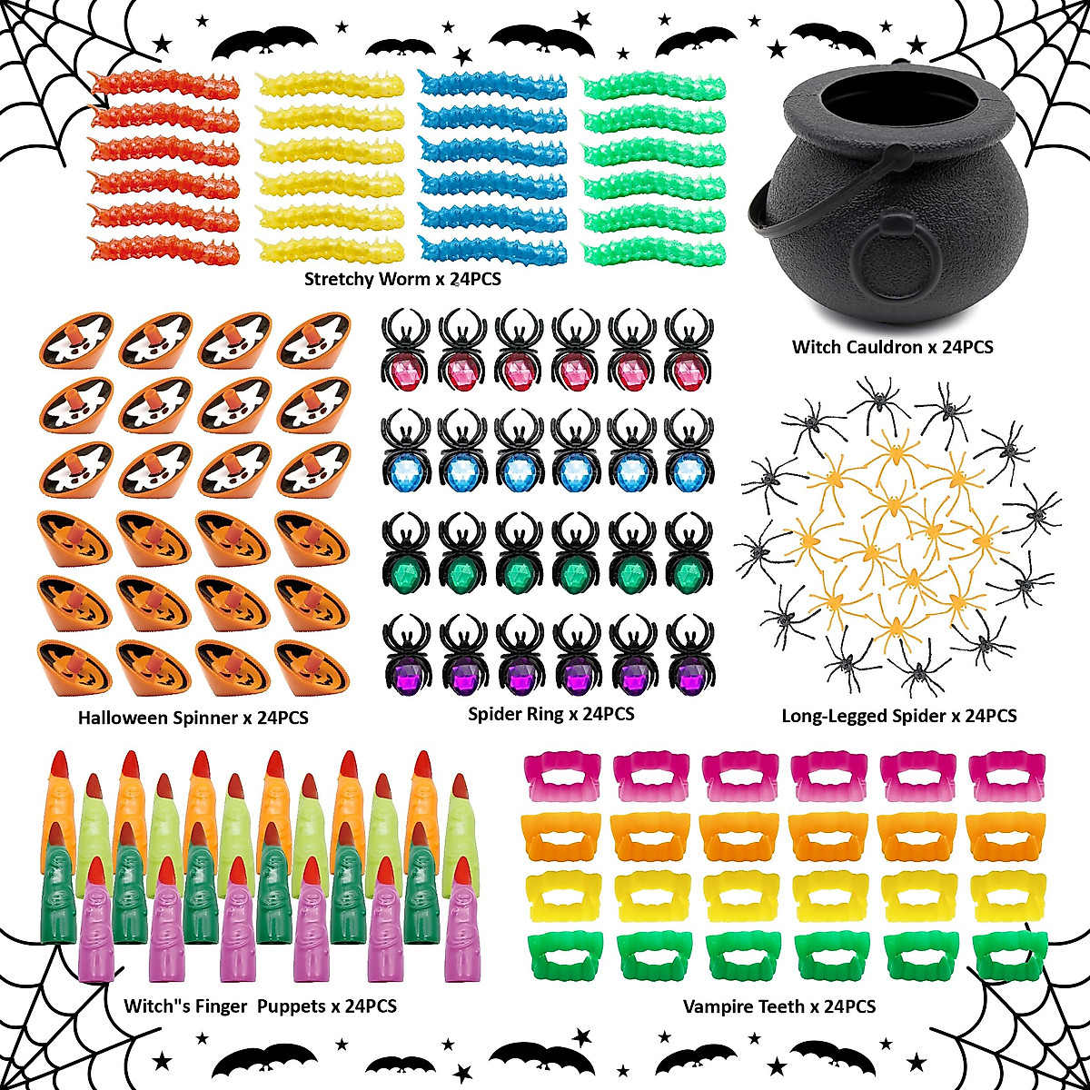 BEARUN 192Pcs Halloween Party Favors for Kids, 24 Pack Prefilled Witch Cauldron Toys in Bulk, Goodie Bag Fillers, Gifts, Party Supplies, Non-Candy Trick or Treat