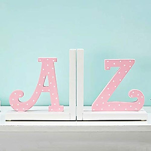Apol Creative Pink and White Dots A-Z Letter Wood Bookends Book Ends Book Organizers Bookshelf for Kids Study Gift School Office Library Home Desk Decoration