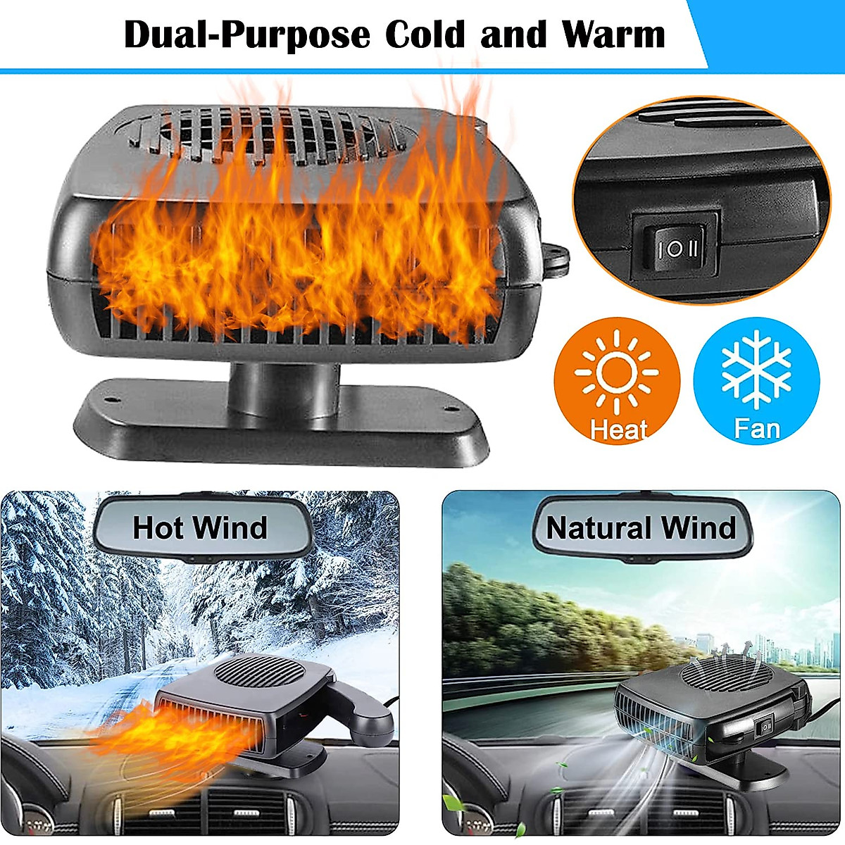 12V Car Heater,Portable 200W High Power 2 in 1 Fast Heating Defrost Defogger,Plug The Cigarette Lighter Directly Into The Cigarette Lighter Hole Of The Car, Suitable for all cars