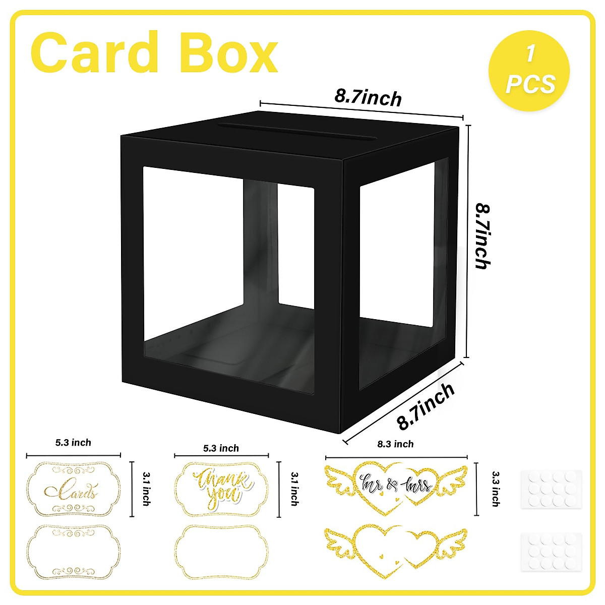 LIKAJON 1 Pack Black Card Box for Party, Transparent Wedding Card Box Gift Cards Receiving Box Money Box for Birthday, Bridal or Baby Showers, Retirement, Anniversary, Graduation, Raffle Ticket Box