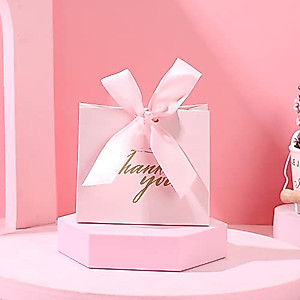 50 Pcs Small Thank You Gift Bags Mini Pink Valentine's Day Gift Bags with Bow Ribbon Paper Goodie Bags Bulk Party Favor Treat Box for Baby Bridal Shower Wedding (Pink, Gold, 4.5 x 1.8 x 4 In)