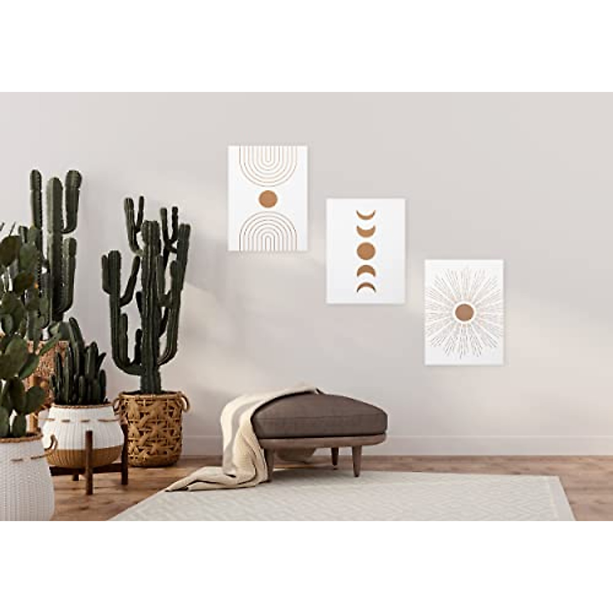 Boho Wall Art Set Of 3 Decor. Ready To Hang Framed Sun and Moon Phase Canvas Prints For Bedroom Living Room Bathroom Office. Minimalist Mid Century Modern Decor Bohemian Large 12"x16"