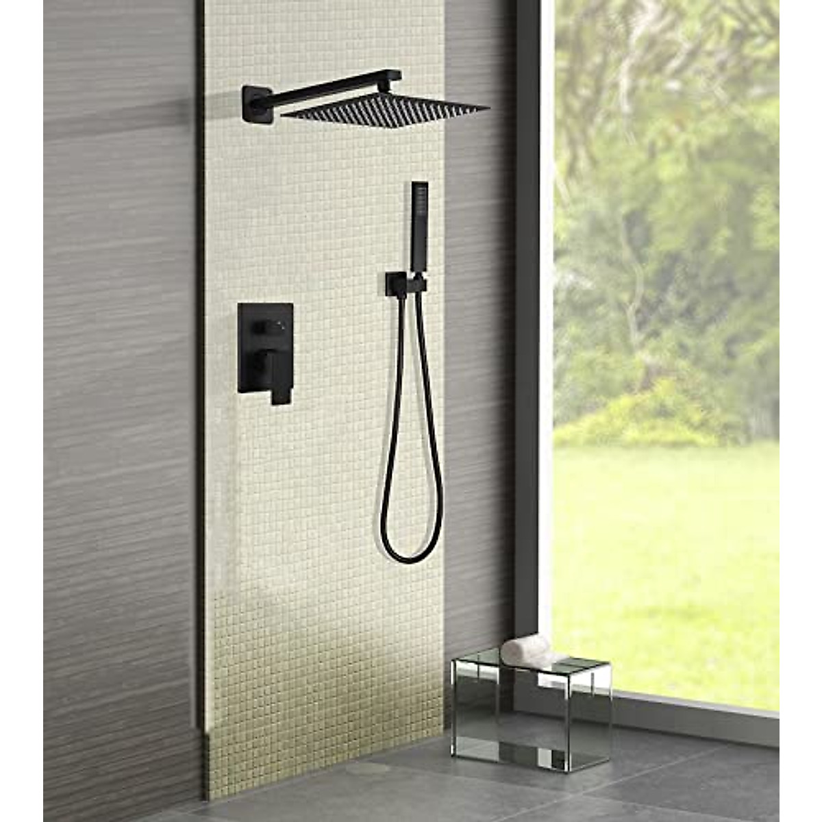 JingGang Matte Black Shower System 12 Inch Bathroom Luxury Rain Mixer Shower Combo Set Wall Mounted Rainfall Shower Head and Handheld System Shower Faucet Set Rough-in Valve Body and Trim Included